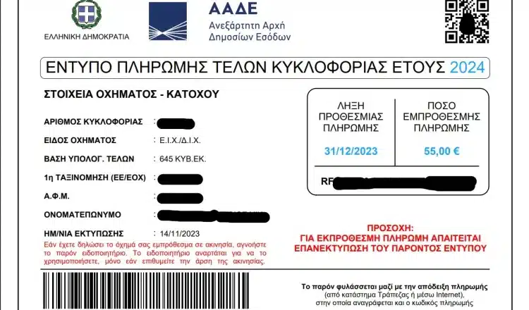 Τέλη κυκλοφορίας πληρωμή - Λήξη προθεσμίας για το 2024